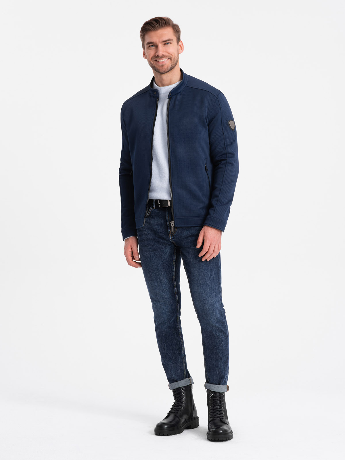 Kurtka męska BIKER ze strukturalnej tkaniny - granatowa V3 OM-JANP-0138 ...